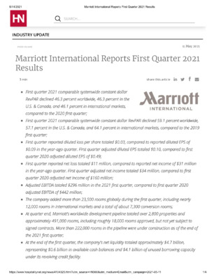 Marriott International Reports First Quarter 2021 Results